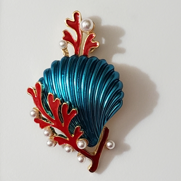 Jewelry | Enamel Sea Shell Brooch Pin Vintage Style Pearl Gold Mermaid ...